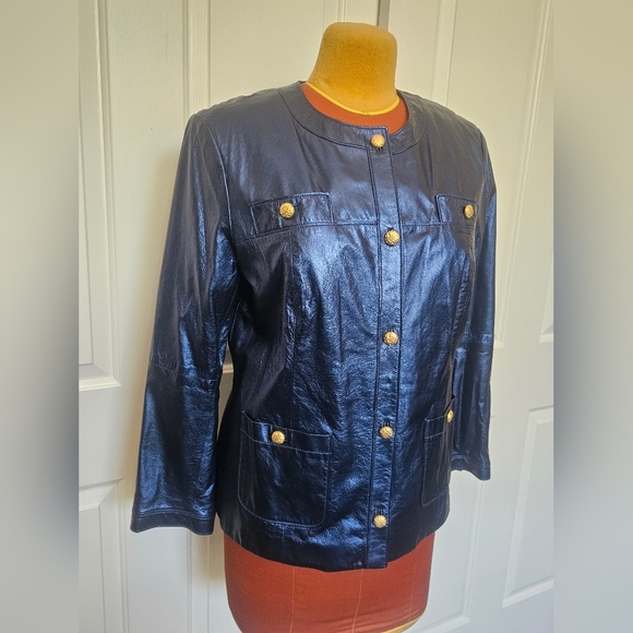 St. John | Jackets & Coats | St John Bright Marine Blue Leather Silk ...